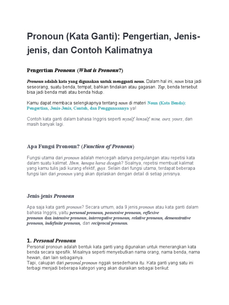 Jenis dan Fungsi Pronoun dalam Bahasa Inggris | PDF