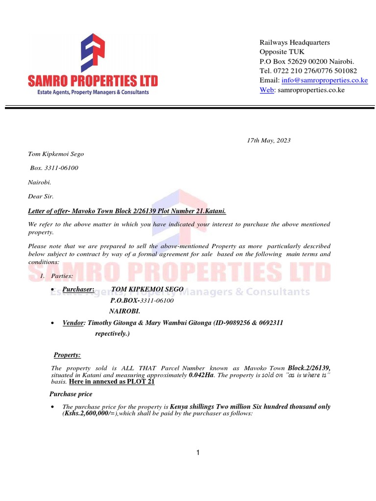 OFFER LETTER -KATANI-TOM SEGO 2 -katani | PDF | Common Law | Economies