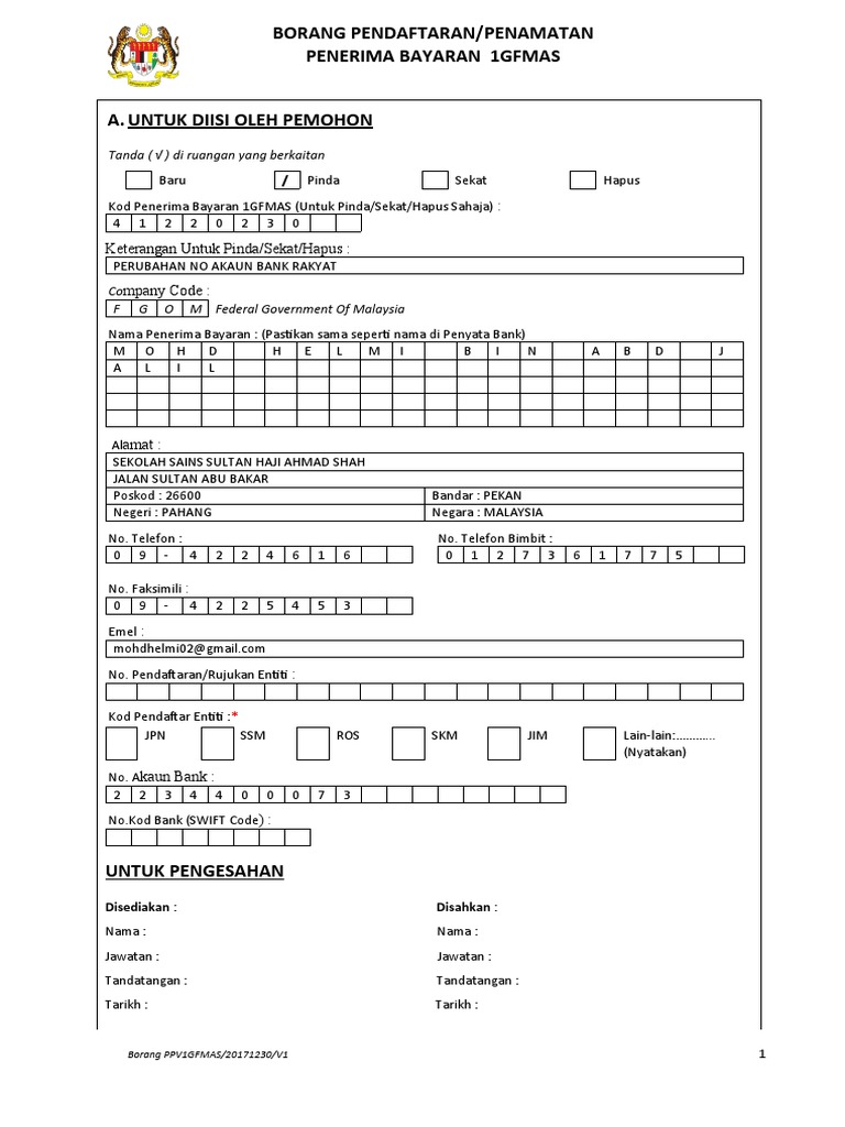 Borang Maklumat Penerima Bayaran - Vendor | PDF
