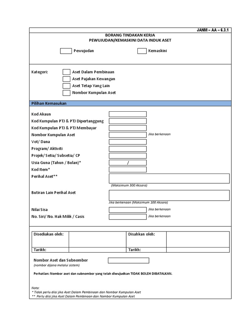 JANM-AA-6.3.1 Borang Tindakan Kerja Pewujudan Kemaskini Data Induk Telah Pinda 18.3.2016 | PDF