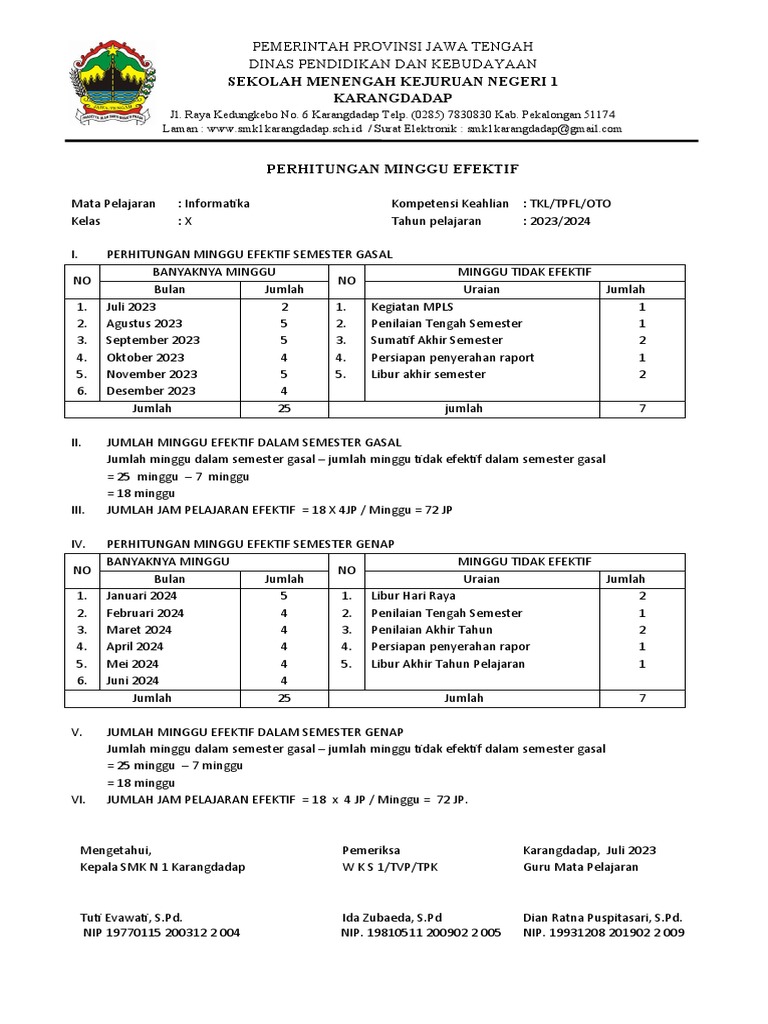 Perhitungan Minggu Efektif 2023 2024 | PDF