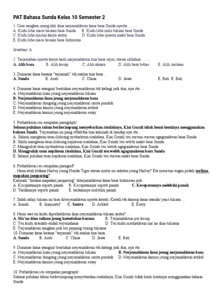 30 Soal UAS Bahasa Sunda Kelas 10 Semester 2 dan Kunci Jawaban | PDF