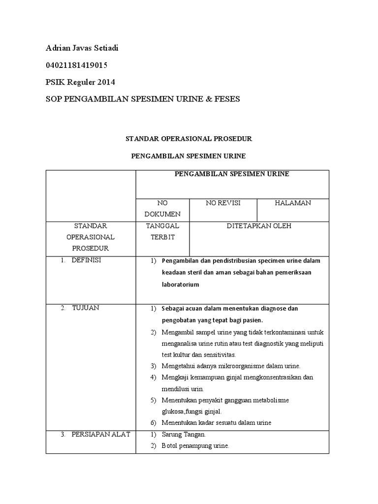 SOP Pengambilan Spesimen Urine & Feses | PDF