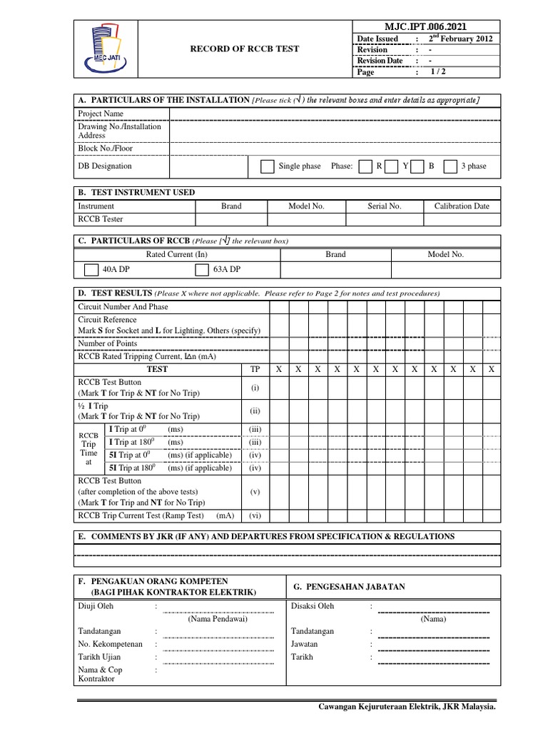 RCCB Testing Procedure Record | PDF | Equipment | Electric Power