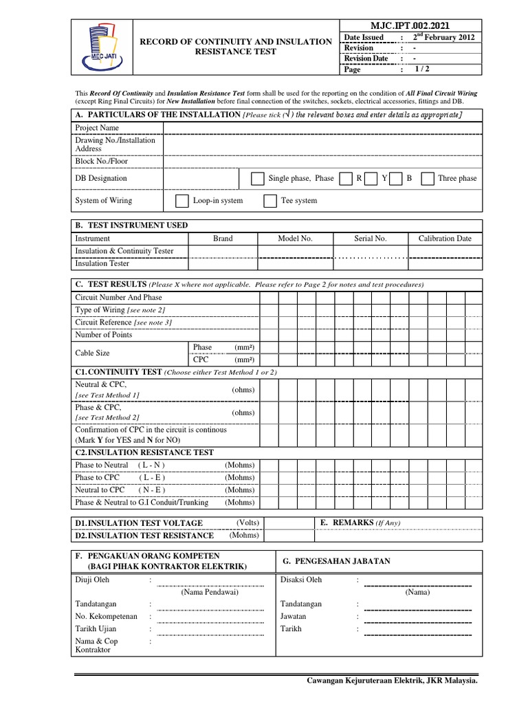 Continuity and Insulation Test Record | PDF | Electrical Wiring ...