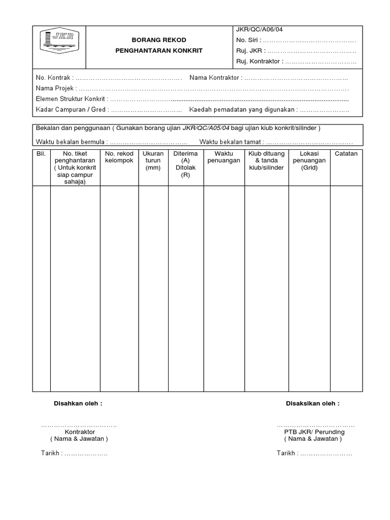 Borang Rekod Penghantaran Konkrit | PDF | Teknologi & Rekayasa