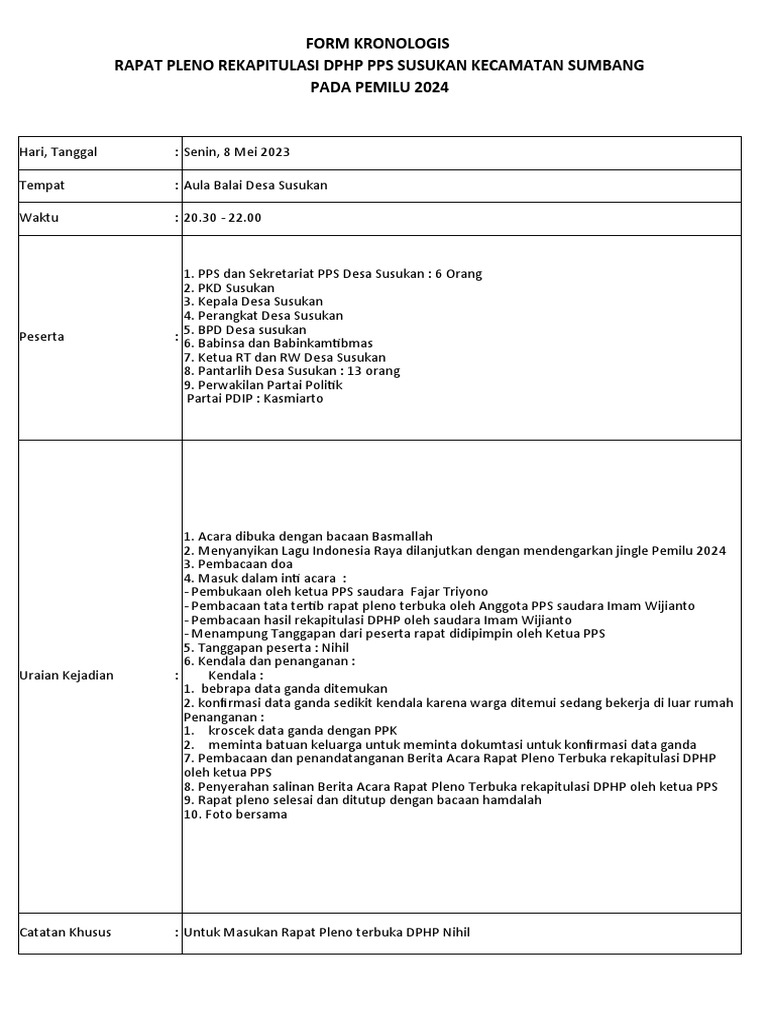 KRONOLOGIS RAPAT PLENO DPHP SUSUKAN 8 Mei | PDF