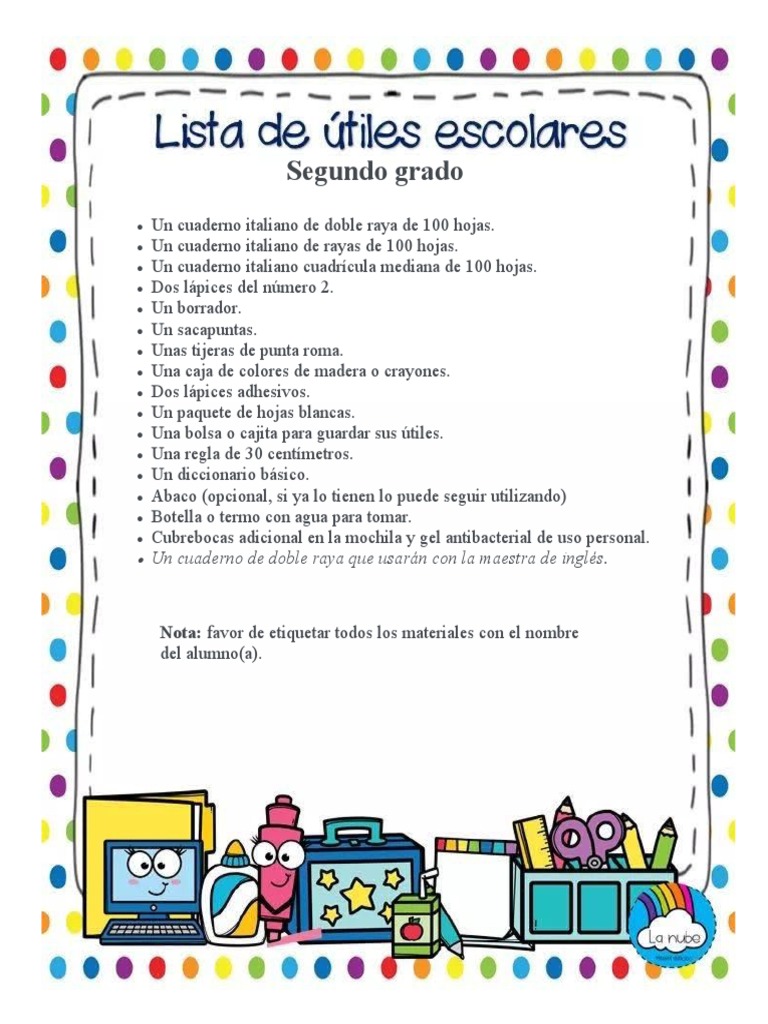 Lista de Utiles Escolares 2do Grado | PDF