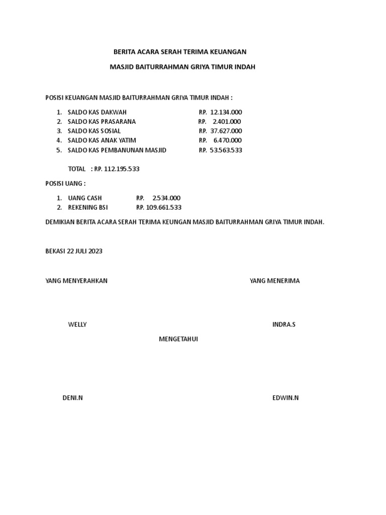 Berita Acara Serah Terima Keuangan | PDF