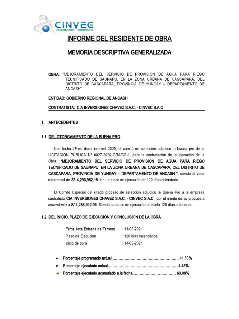 Informe de Residente de Obra | PDF | Riego | Agricultura Informe de Residente de Obra | PDF | Riego | Agricultura