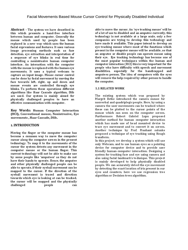 Facial Movements Based Mouse Cursor Control For Physically Disabled Individual Pdf Input 