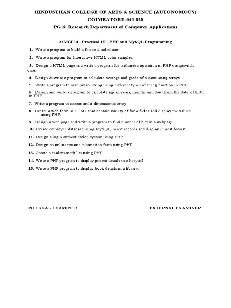 22mcp14 Iii Php And Mysql Programming Lab Questions Pdf Php World Wide Web 