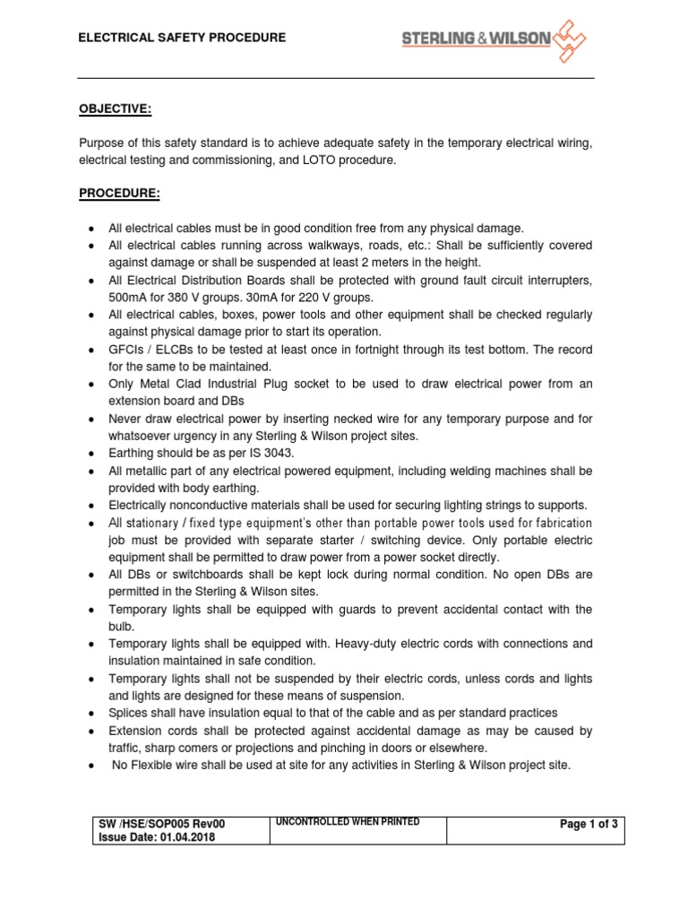 SW Hse Sop05 Electrical Safety Procedure | PDF | Electrical Connector ...