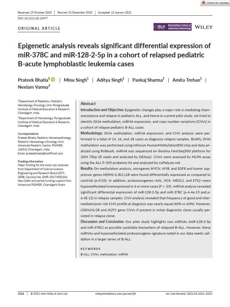 Int J Lab Hematology - 2021 - Bhatia - Epigenetic Analysis Reveals Significant Differential ...