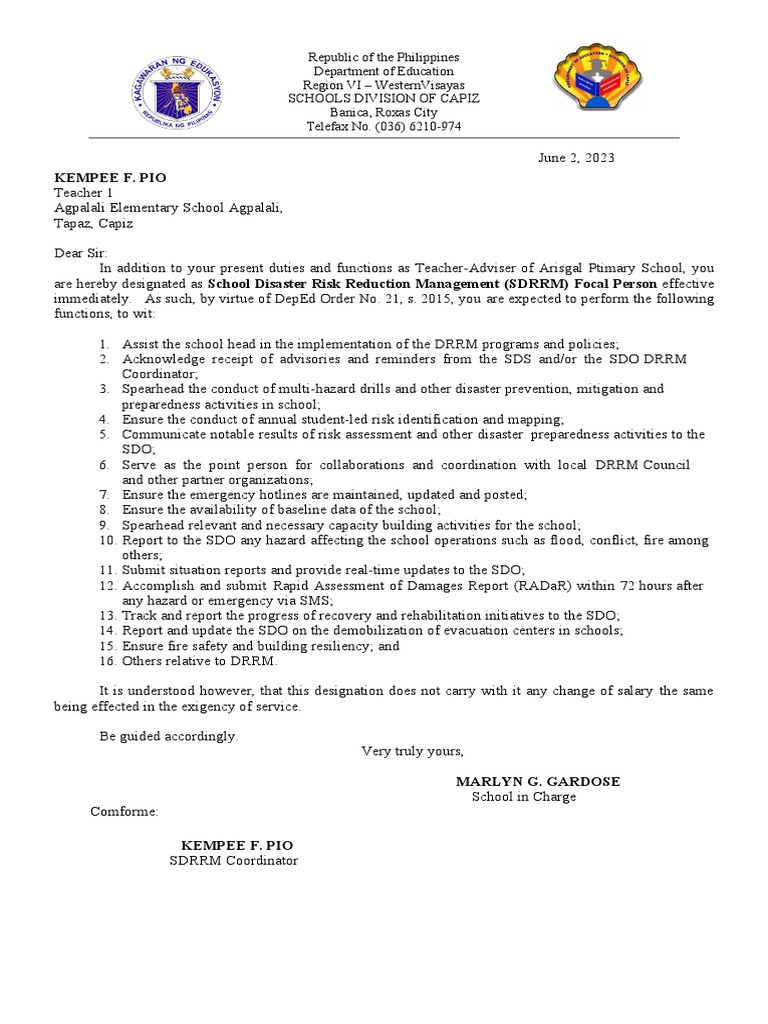 Designation of SDRRM Coordinator Agplali 2023 | PDF | Emergency Management | Civil Defense