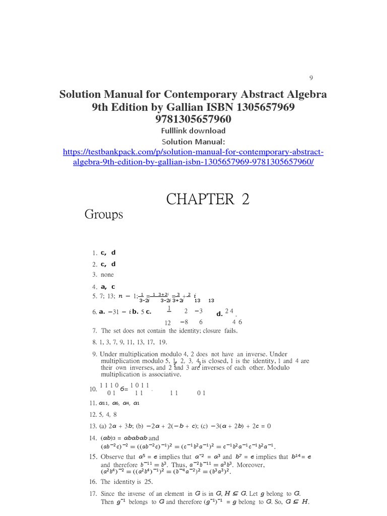 Contemporary Abstract Algebra 9th Edition by Gallian ISBN Solution Manual | PDF | Mathematical ...