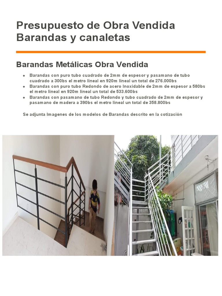 Presupuesto de Barandas y Canaletas | PDF