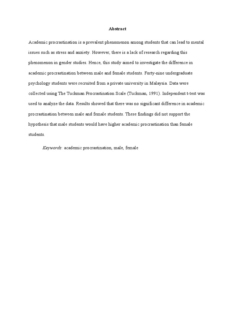 Gender Difference On Academic Procrastination | PDF | Self Efficacy | Procrastination