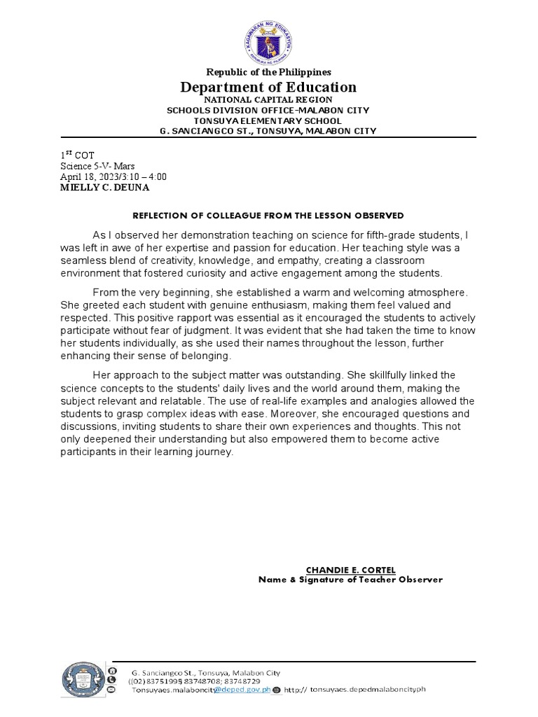 Reflection of Colleague From The Lesson Observed Cot 1 2022 2023 Cortel | PDF | Educational ...