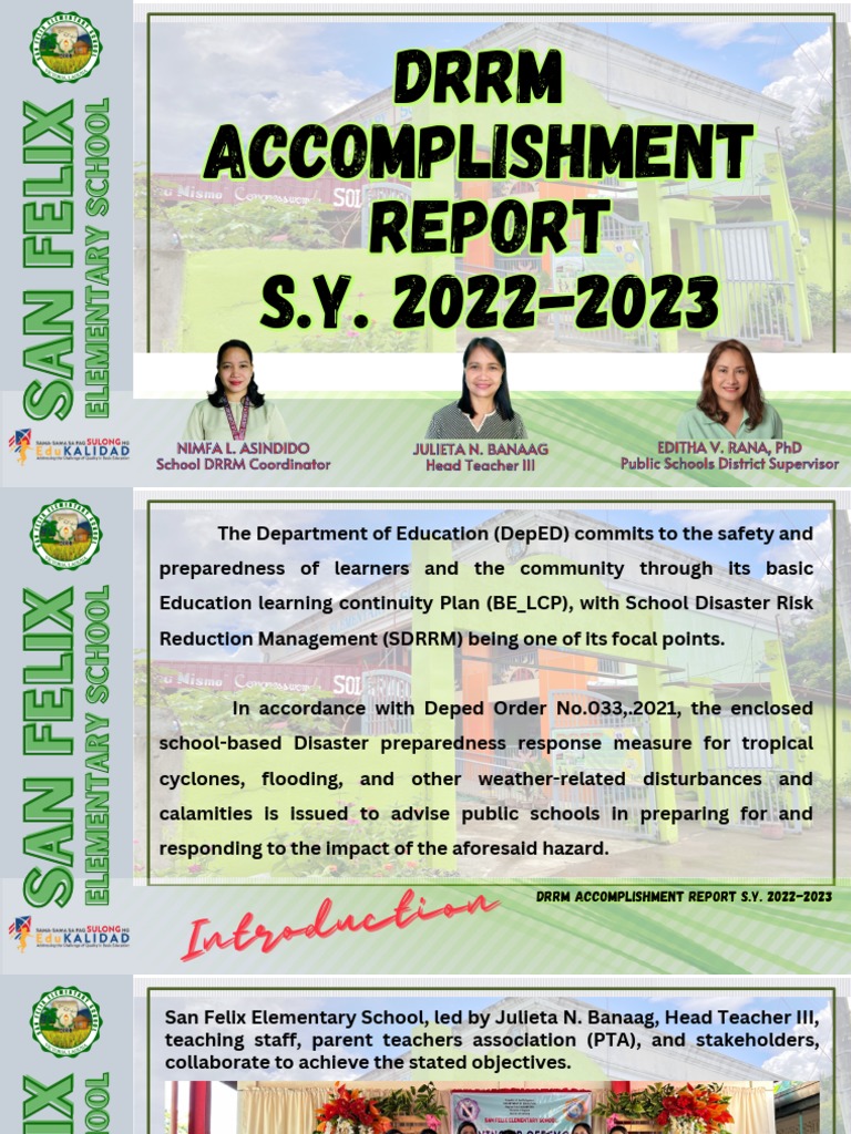 San Felix Es - DRRM Accomplishment Report Sy. 2022-2023 | PDF | Emergency Management | Natural ...