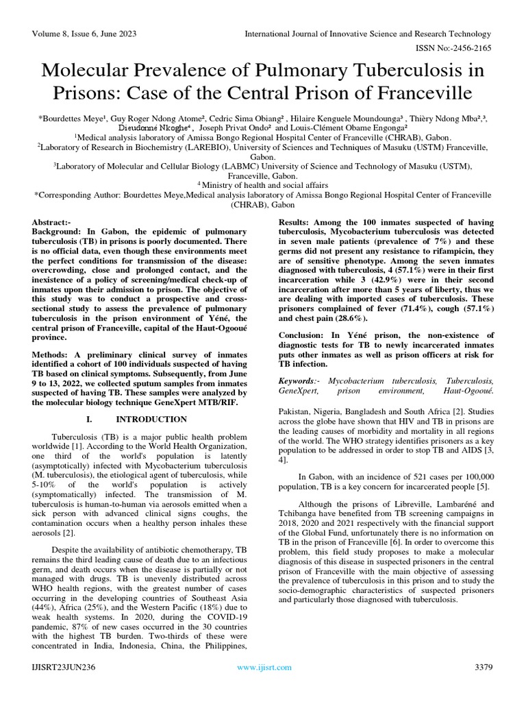 Molecular Prevalence of Pulmonary Tuberculosis in Prisons: Case of The ...