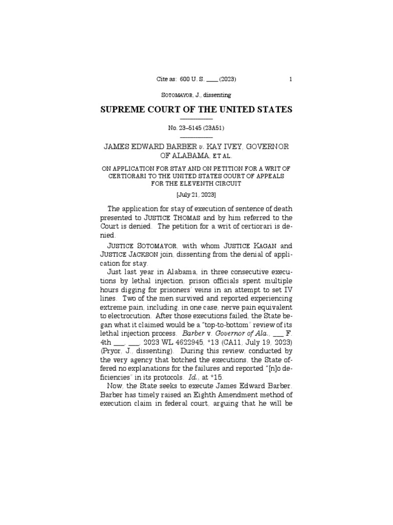 James Edward Barber Execution Stay Dissent | PDF | Eighth Amendment To ...