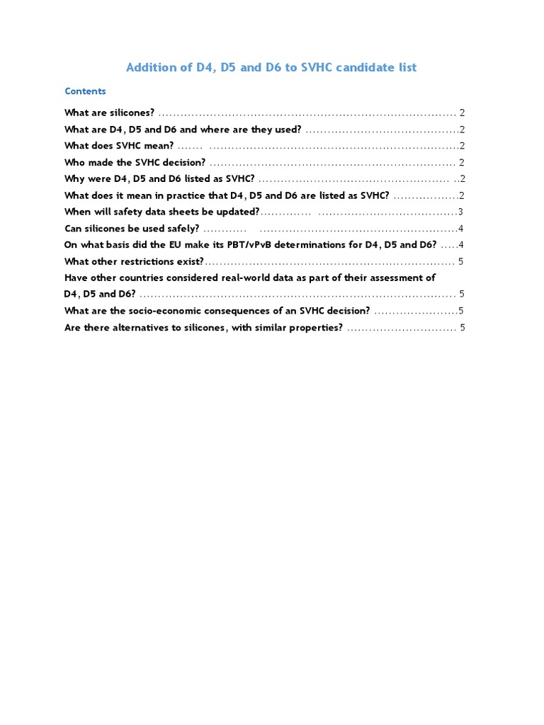 Addition of D4, D5 and D6 To SVHC Candidate List | Download Free PDF | Silicone | Chemical ...