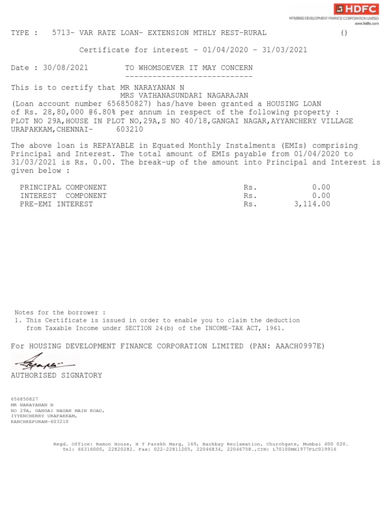Housing Loan Interest Certificate 2021 | PDF