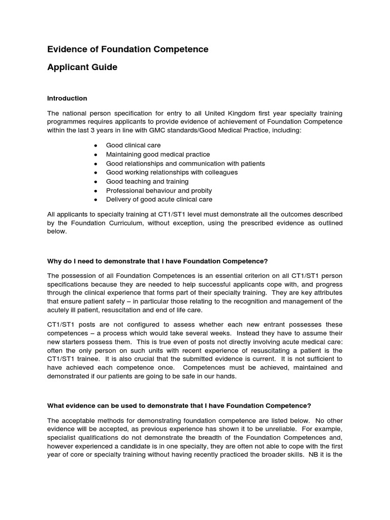 Foundation Competence Evidence Guide | PDF | Health Care | Health Sciences