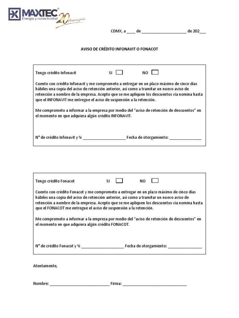FORMATO DE CREDITO INFONAVIT Y FONACOT (Sin Llenar) | PDF