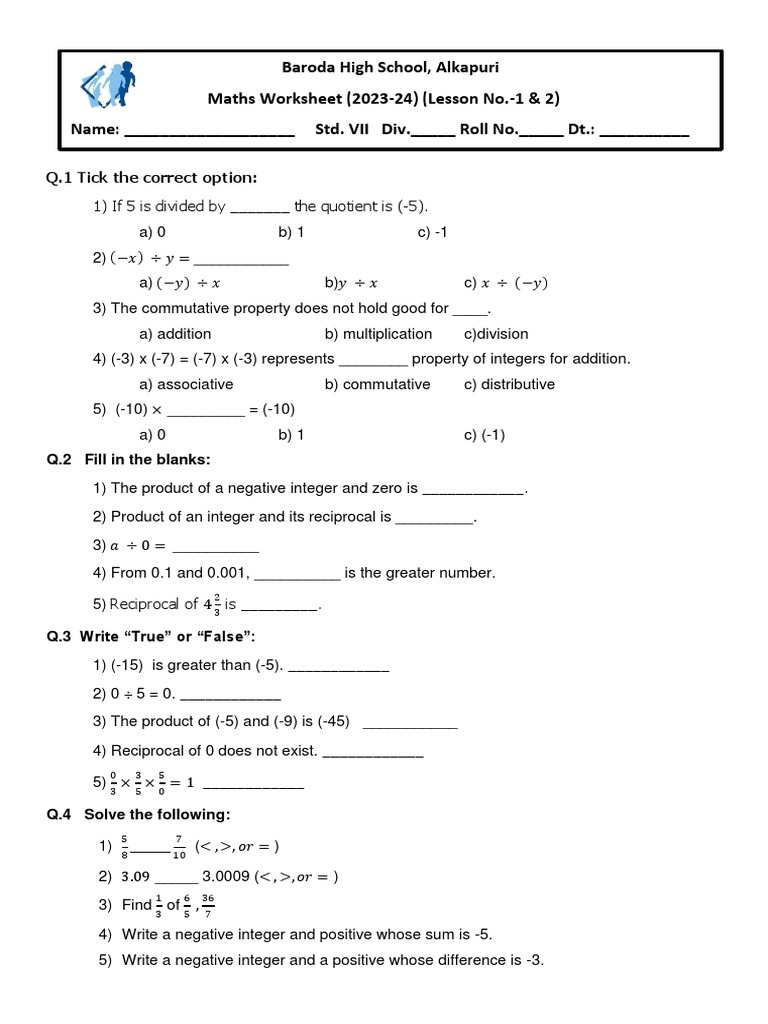 Class 7 Integer Math Worksheet | PDF | Mathematical Concepts ...