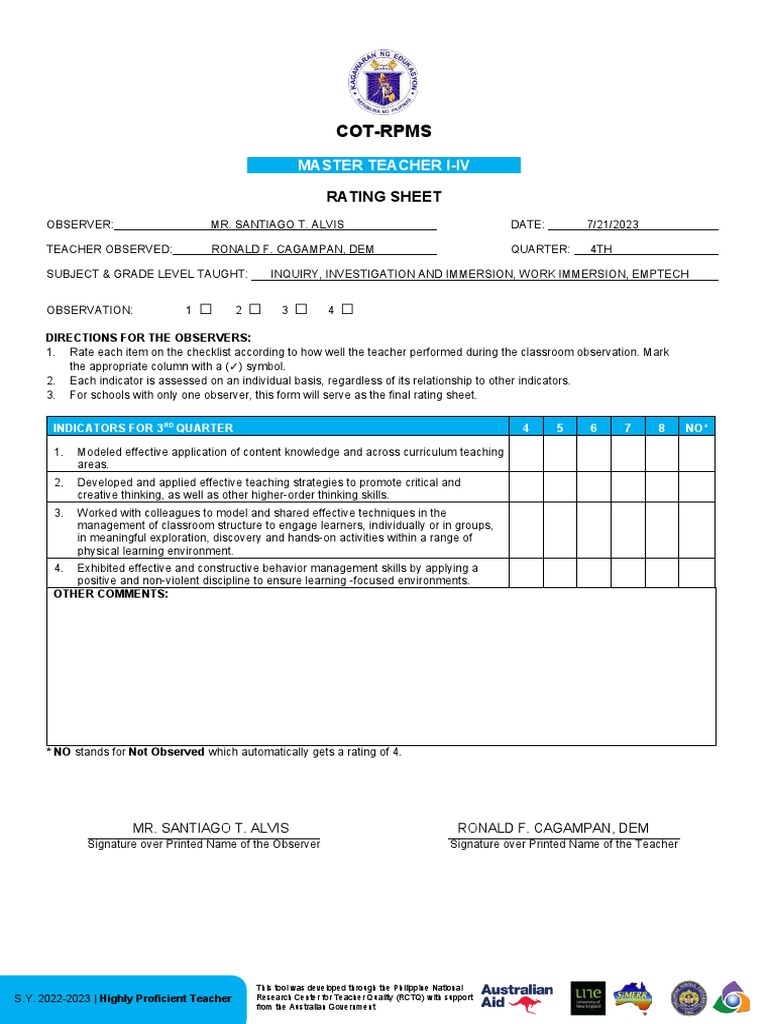 Cot Rating Sheet For MT 2022 2023 | PDF | Teachers | Learning