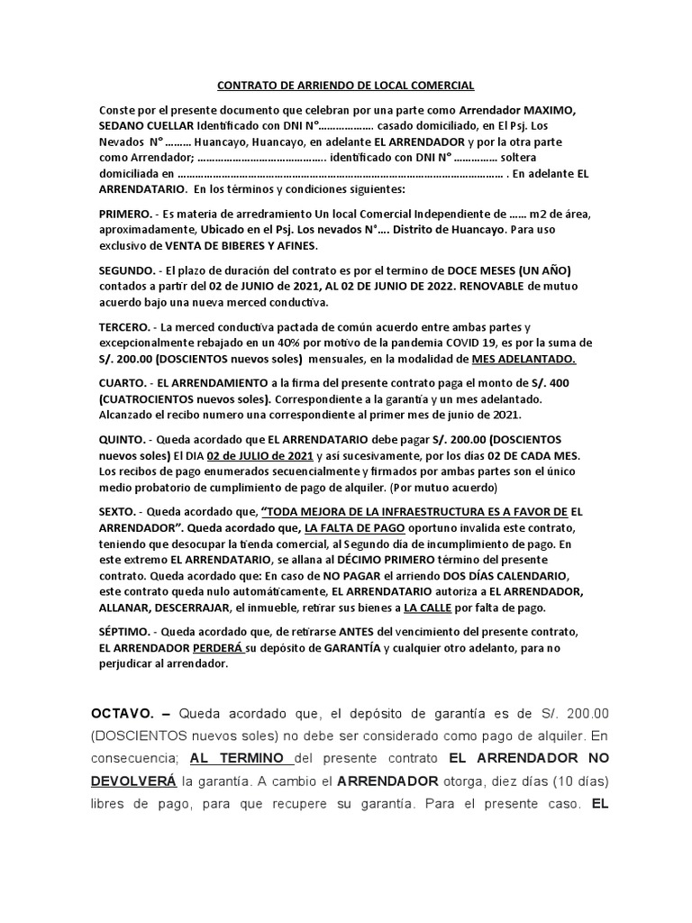 Contrato de Arriendo de Local Comercial | PDF