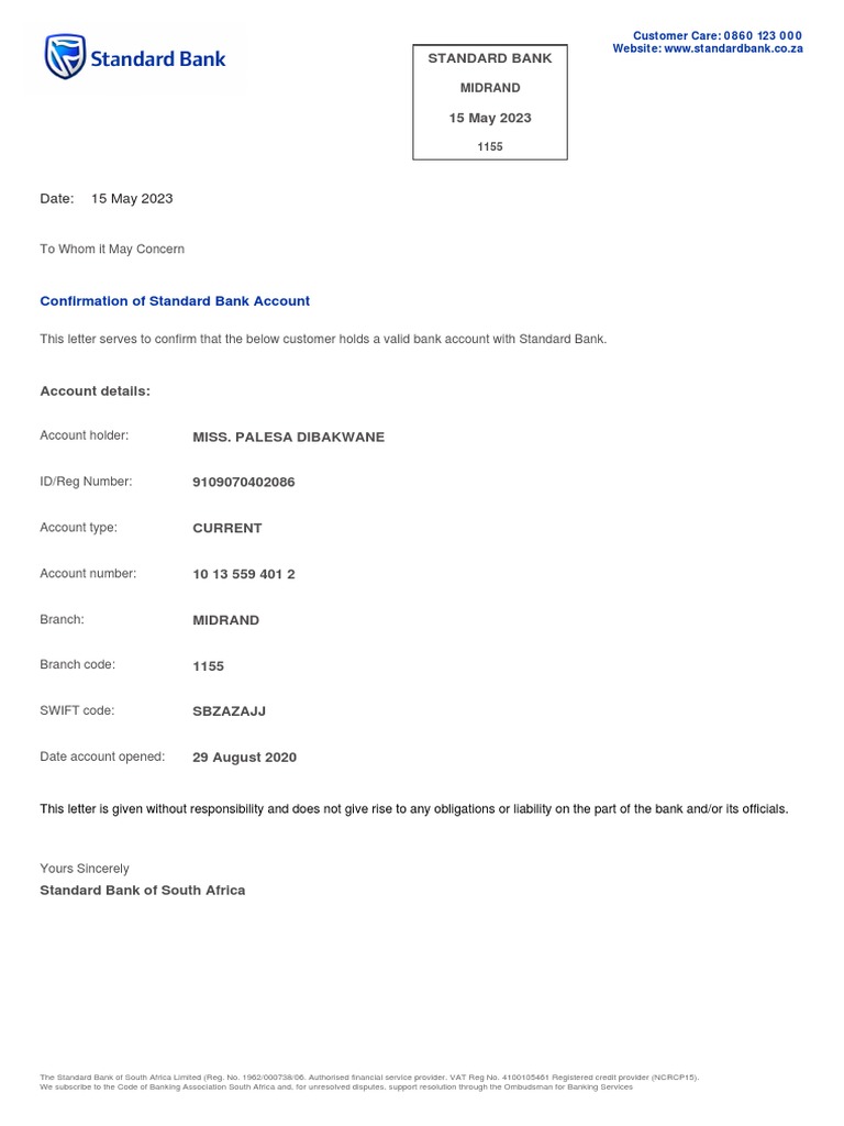 Bank Account Confirmation Letter | PDF