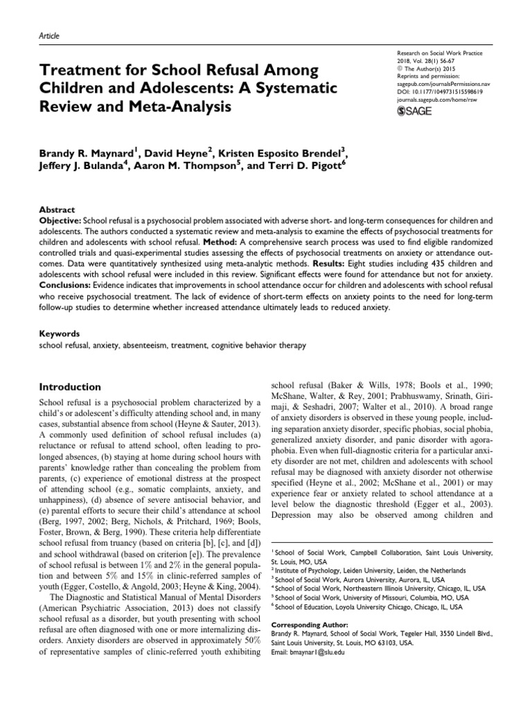 School Refusal Treatment | PDF | Cognitive Behavioral Therapy | Anxiety ...