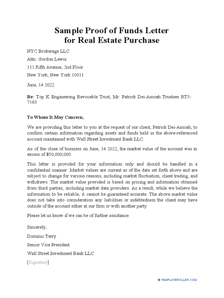 Main - Sample Proof of Funds Letter For Real Estate Purchase | PDF