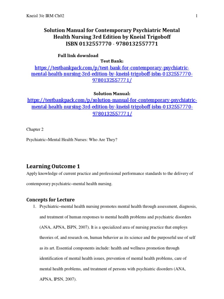 Contemporary Psychiatric Mental Health Nursing 3rd Edition By Kneisl