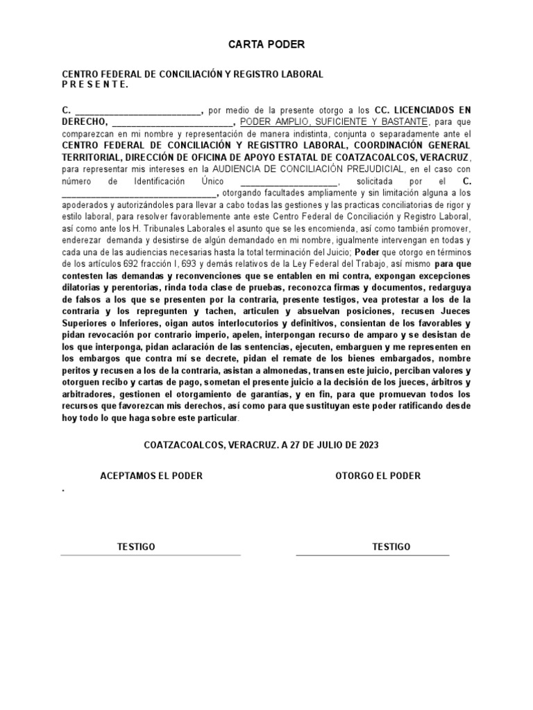 Carta Poder Fisico Centro Laboral | PDF | Gobierno | Justicia