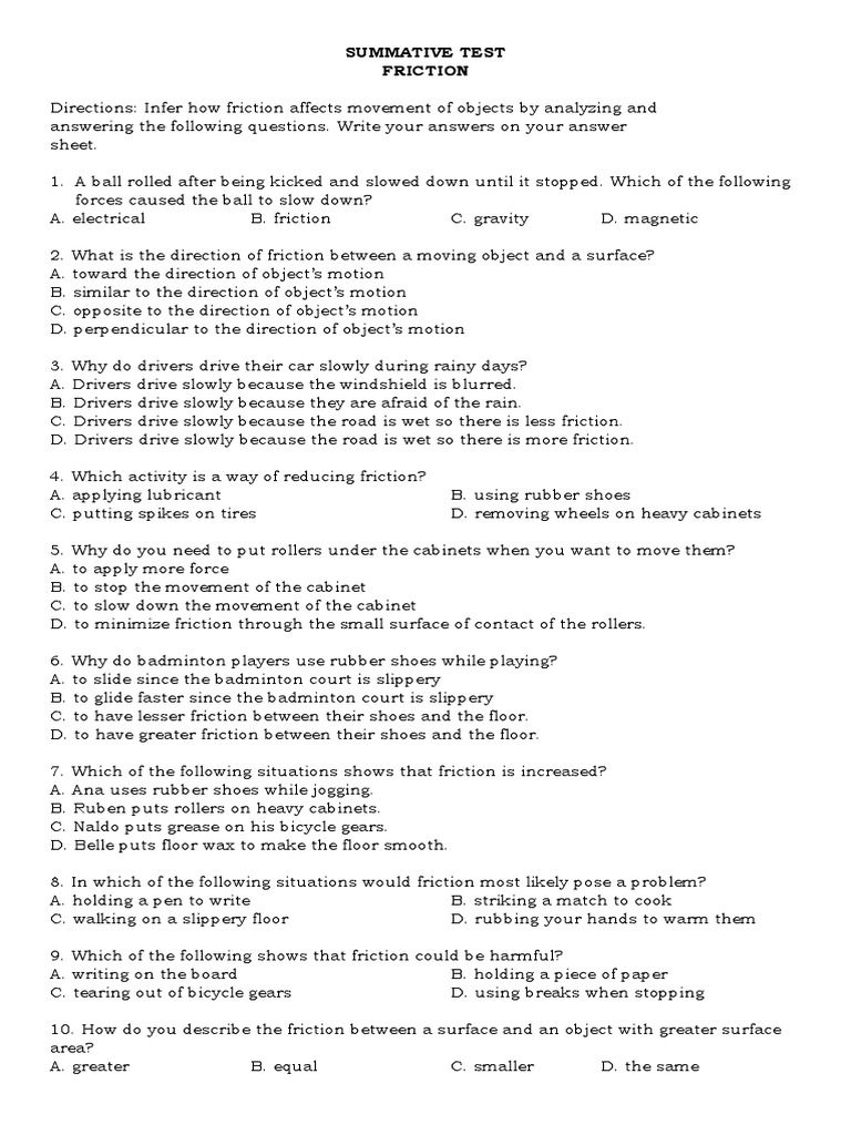 Summative Test Friction | PDF | Gravity | Friction Summative Test Friction | PDF | Gravity | Friction
