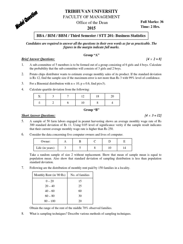 BBA 3rd Sem Business Statistics Exam Paper | PDF | Standard Deviation ...