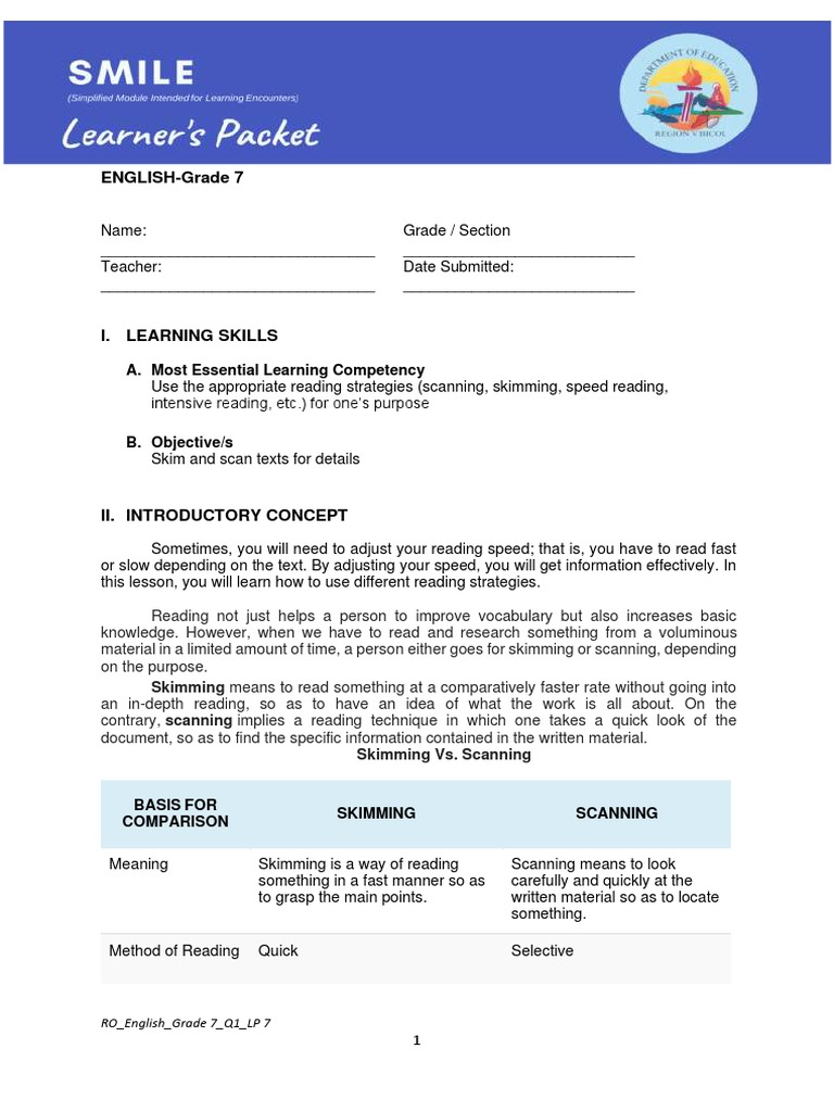 English Grade-7 Q1 LP-7 | PDF | Speed Reading | Mobile App