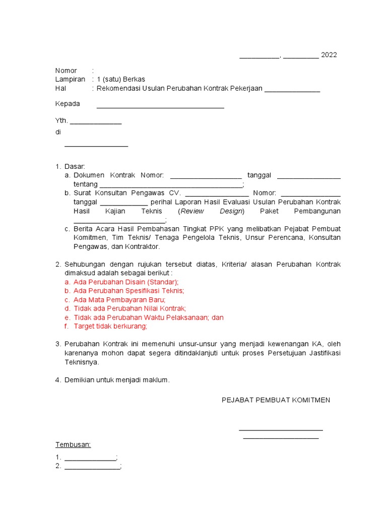 Surat PPK Ke KPA TTG Rekomendasi Usulan Perubahan Kontrak | PDF