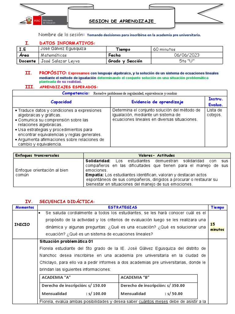 Sesion de Aprendizaje CLASE MODELO NOMBRAMIENTO 2023 | PDF | Ecuaciones | Sistema de ecuaciones ...