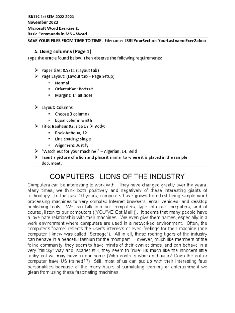 ISB 11C Word Exercise 2 Instructions ODL 2022 | PDF | Page Layout ...