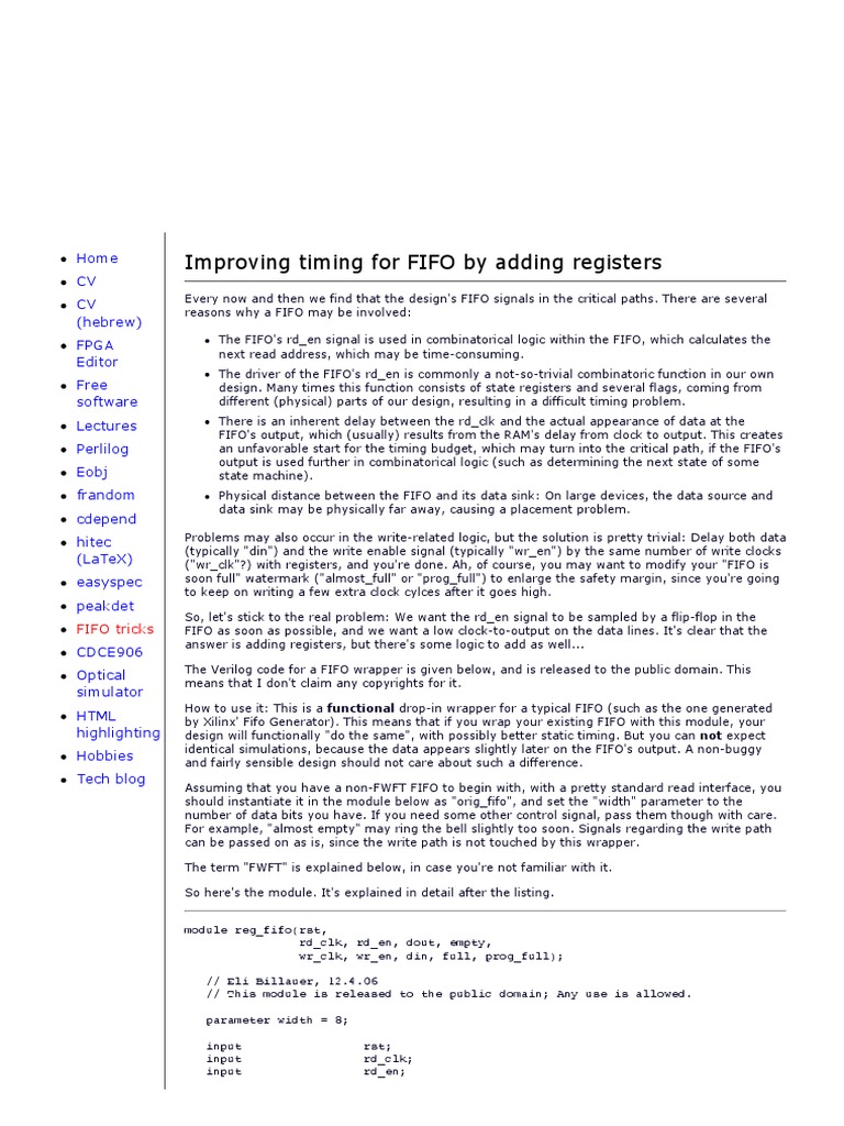 Improving Timing For Fifo By Adding Registers Pdf Computer Engineering Software Engineering