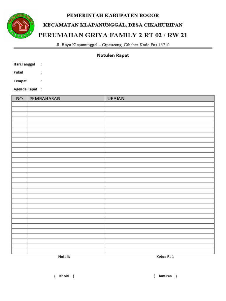 Form Notulen Rapat RT 2 | PDF