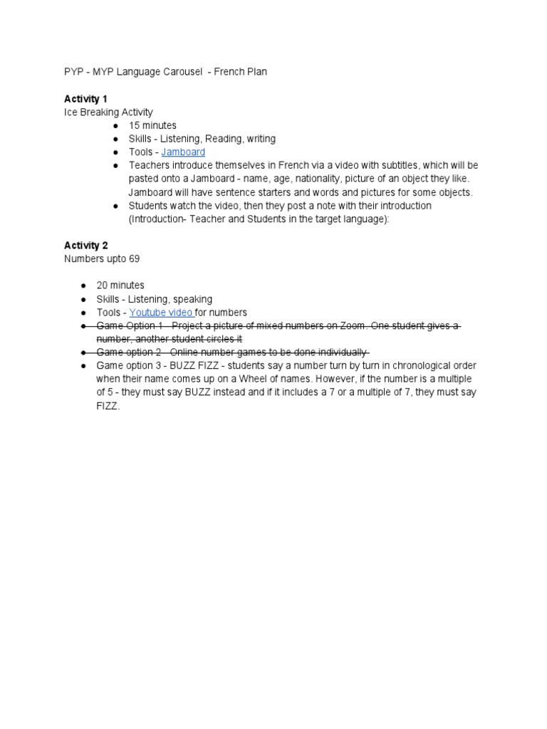 PYP - MYP Language Carousel - French Plan | PDF