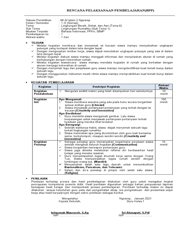 RPP 1 Lembar Kelas 1 Tema 6 | PDF
