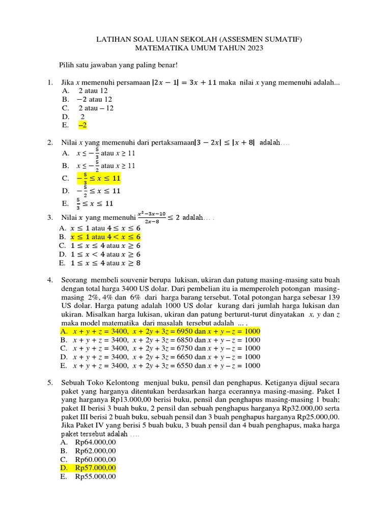 Paket Soal Latihan Us Matematika Umum 2022 2023 Pdf Pdf