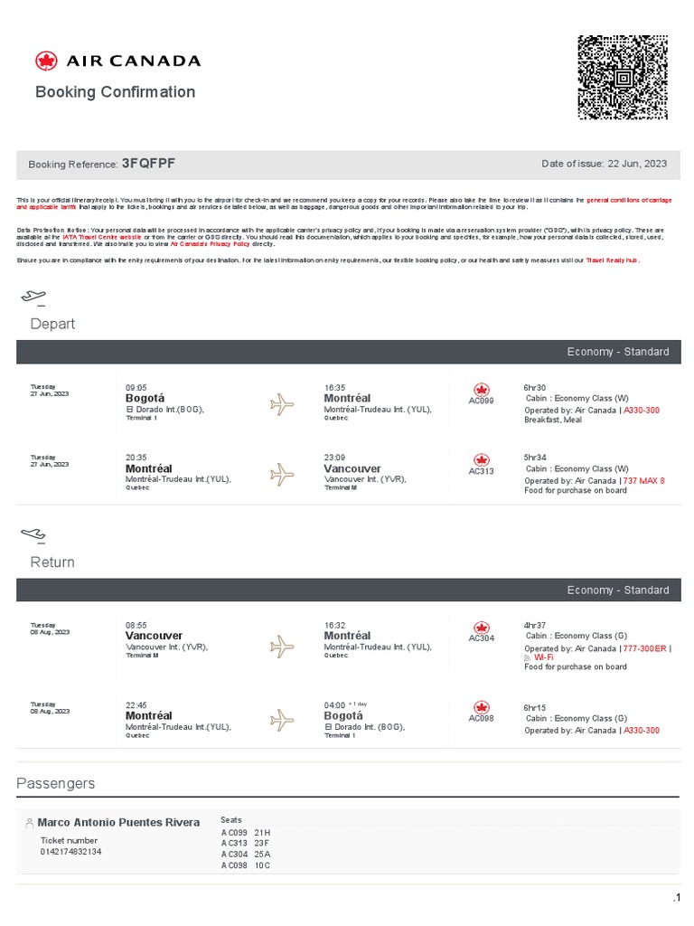 Air Canada Booking Confirmation 3FQFPF | PDF | Airlines | Baggage